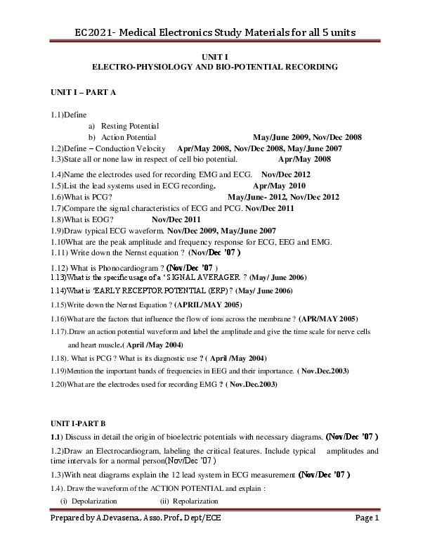 (PDF) EC2021- Medical Electronics notes for all five units