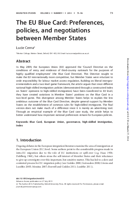 (PDF) The EU Blue Card: preferences, policies and negotiations between ...