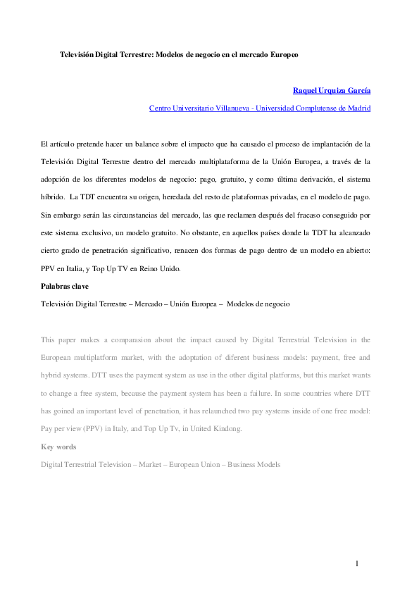 (PDF) Televisión Digital Terrestre: Modelos de negocio en el mercado Europeo