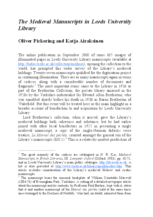 (PDF) 'The Medieval Manuscripts in Leeds University Library', [with ...