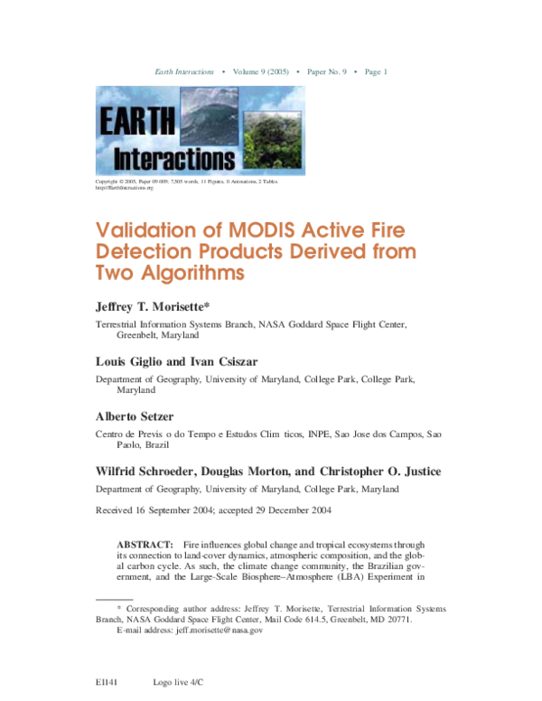 Pdf Validation Of Modis Active Fire Detection Products Derived From Two Algorithms