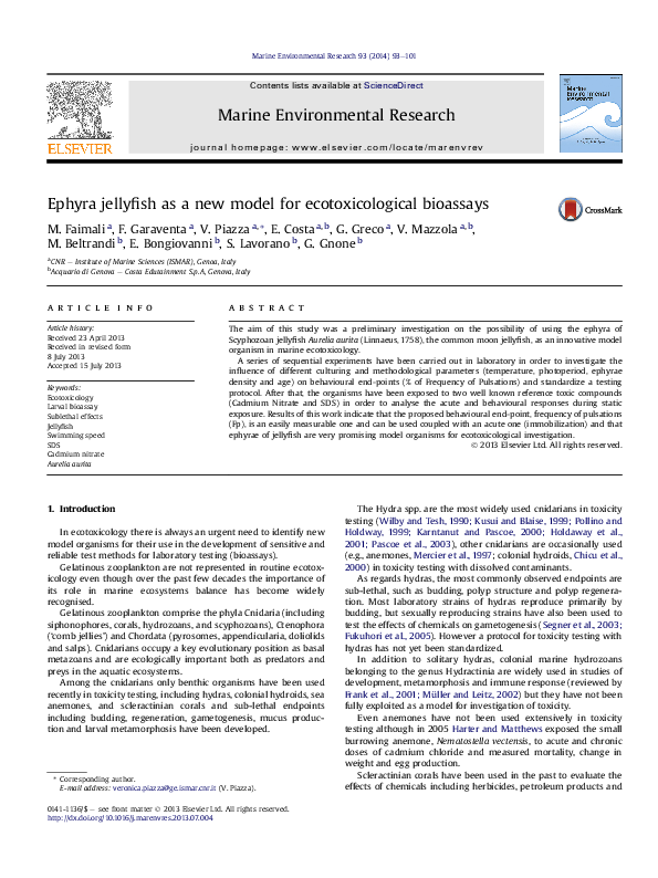 (PDF) Ephyra jellyfish as a new model for ecotoxicological bioassays