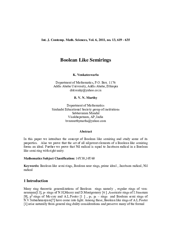 (PDF) Boolean Like Semirings