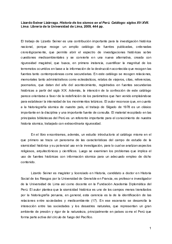 (PDF) Reseña a: Lizardo Seiner Lizárraga. Historia de los sismos en el ...