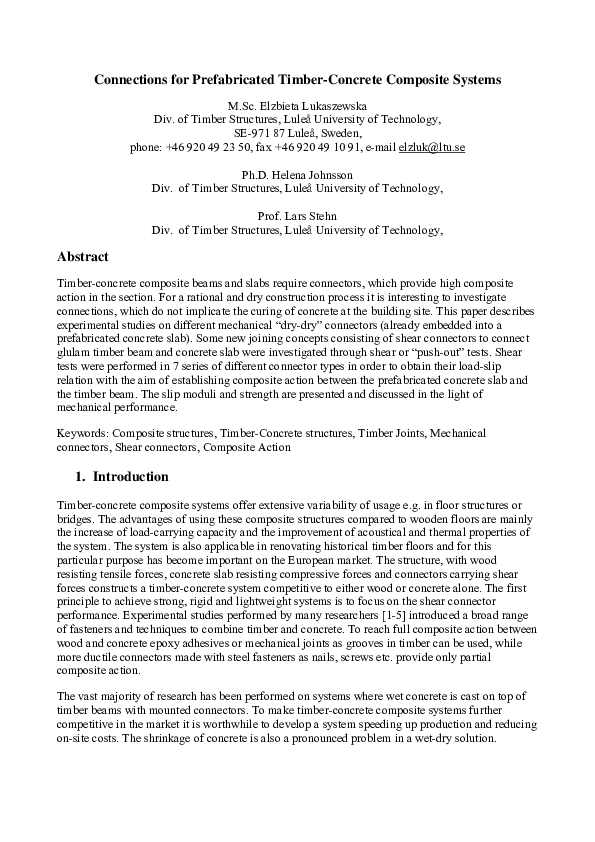 Pdf Connections For Prefabricated Timber Concrete Composite Systems