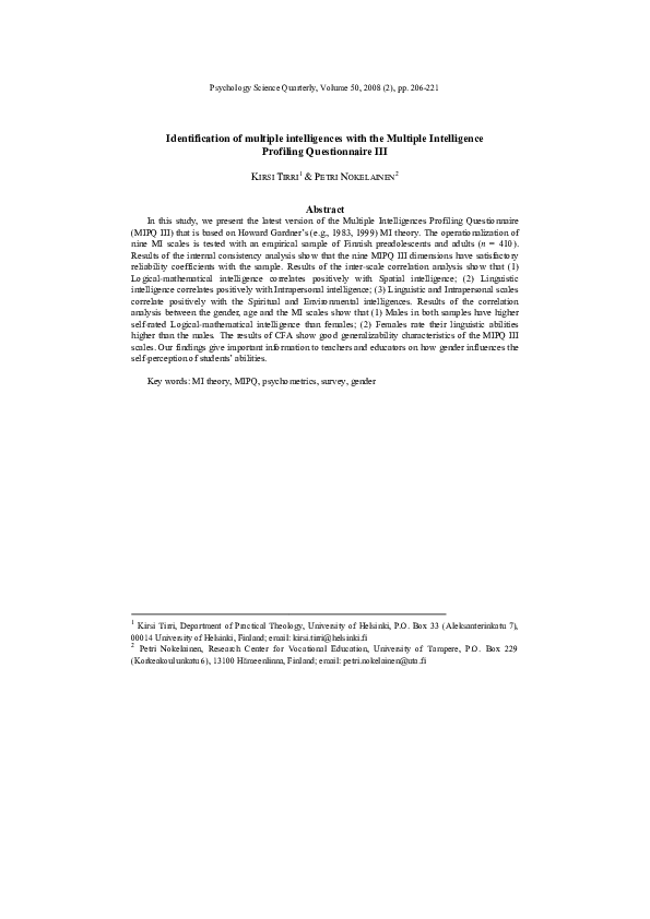 (PDF) Identification of multiple intelligences with the Multiple Intelligence Profiling ...