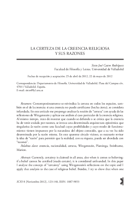 (PDF) La certeza de la creencia religiosa y sus razones