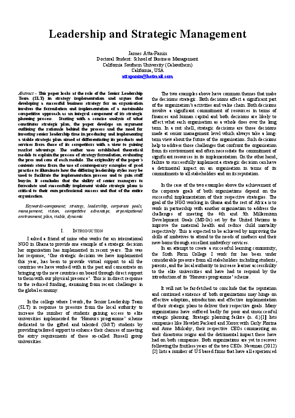 (DOC) Leadership and Strategic Management