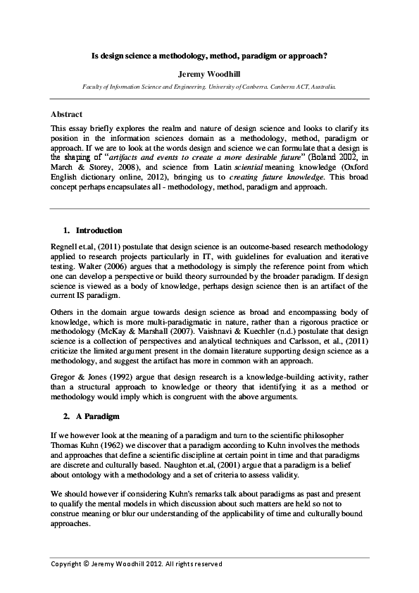 (PDF) Is design science a methodology, method, paradigm or approach