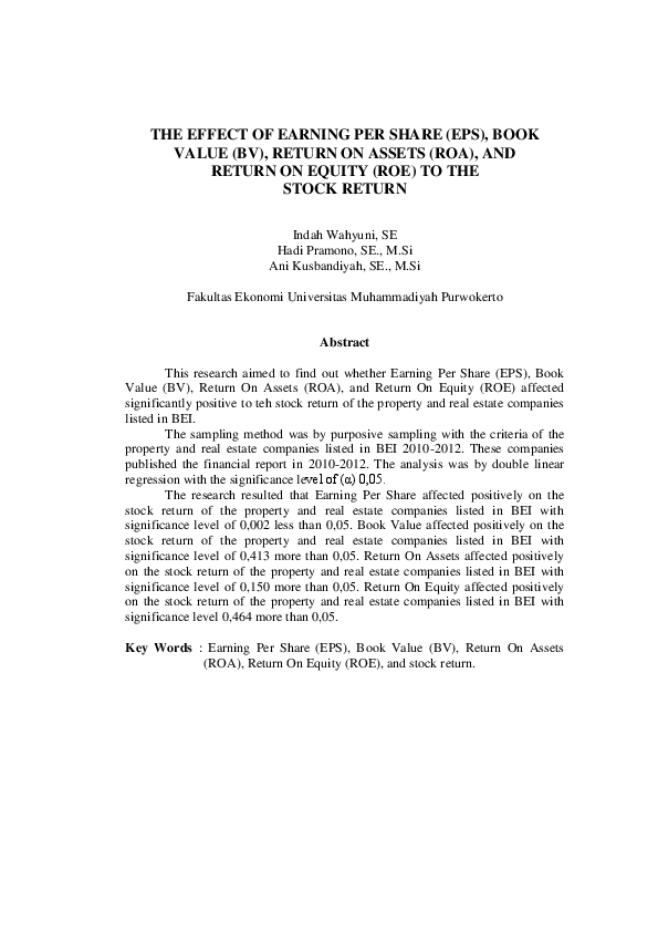 (PDF) THE EFFECT OF EARNING PER SHARE (EPS), BOOK VALUE (BV), RETURN ON ...