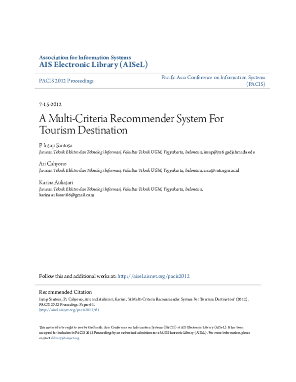 Pdf A Multi Criteria Recommender System For Tourism Destination