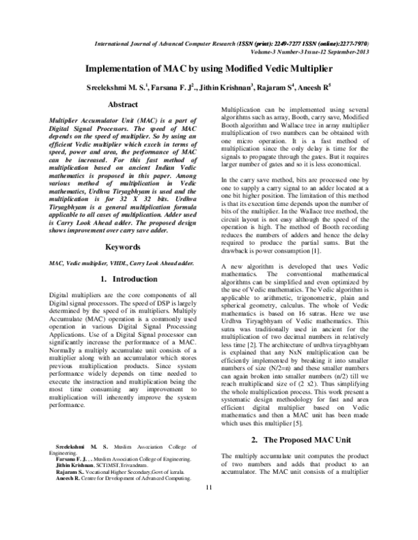 Pdf Fpga Implementation Of Low Power And High Speed Vedic Multiplier