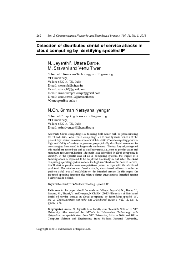 Pdf Detection Of Distributed Denial Of Service Attacks In Cloud Computing By Identifying