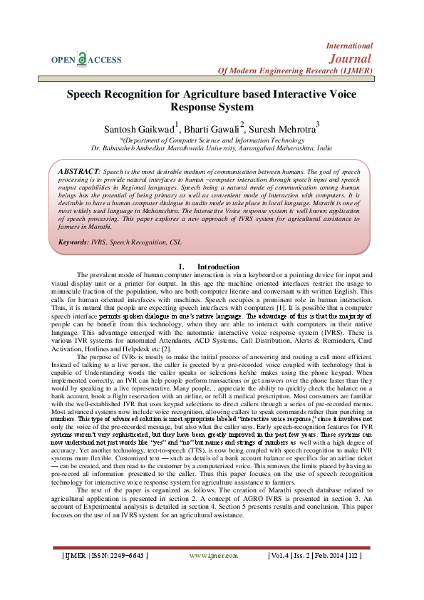 (PDF) Speech Recognition for Agriculture based Interactive Voice Response System