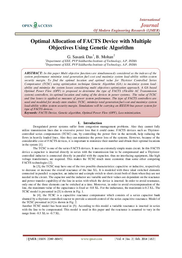 Pdf Optimal Allocation Of Facts Device With Multiple Objectives Using Genetic Algorithm