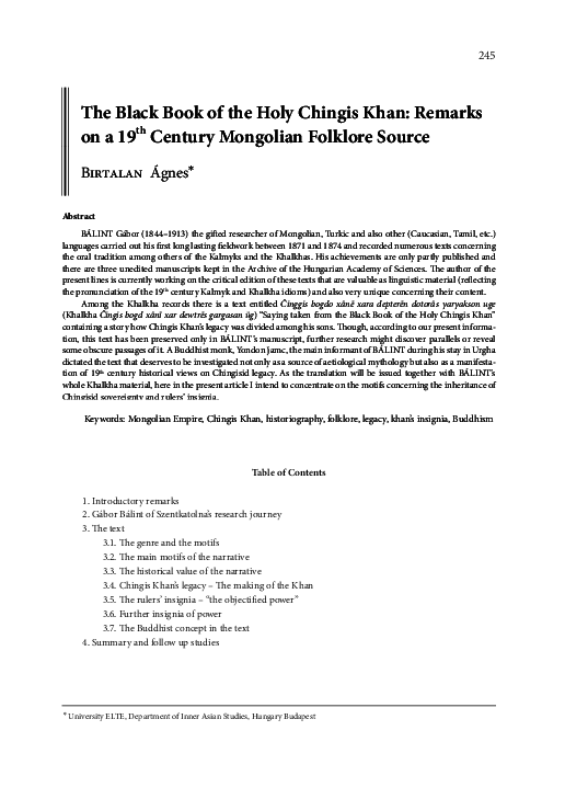 (PDF) The Black Book of the Holy Chingis Khan: Remarks on a 19th ...