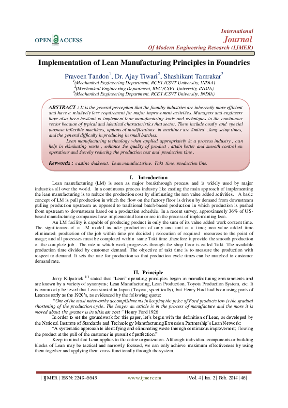 (PDF) Implementation of Lean Manufacturing Principles in Foundries