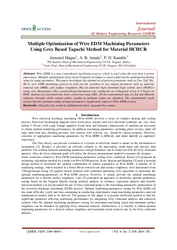 Pdf Multiple Optimization Of Wire Edm Machining Parameters Using Grey Based Taguchi Method For