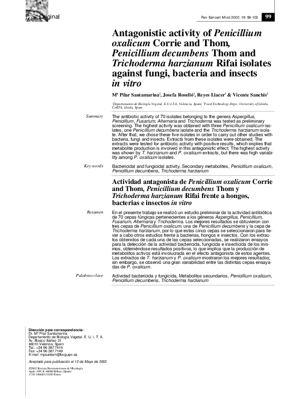 (PDF) Antagonistic activity of Penicillium oxalicum Corrie and Thom, Penicillium decumbens Thom ...