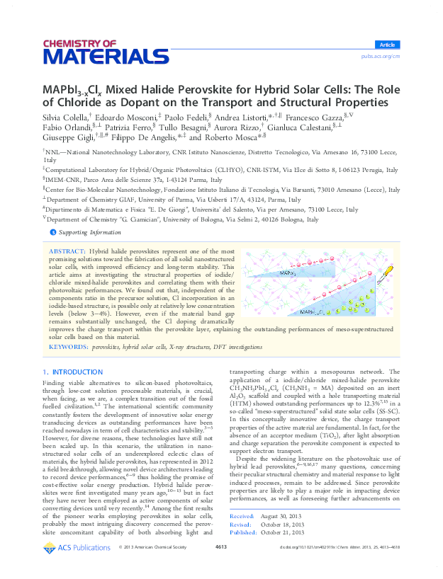 (PDF) MAPbI 3‑x Cl x Mixed Halide Perovskite for Hybrid Solar Cells: The Role of Chloride as ...