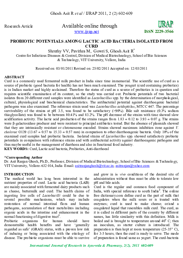 (PDF) Ghosh Asit R et al / IJRAP 2011, 2 (2) 602-609 PROBIOTIC POTENTIALS AMONG LACTIC ACID ...