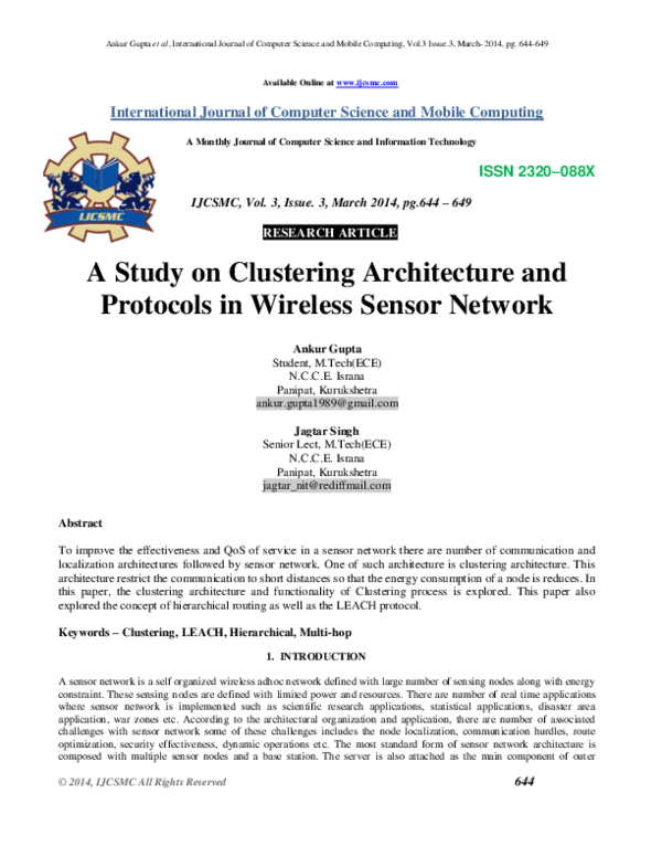 (PDF) A Study on Clustering Architecture and Protocols in Wireless ...