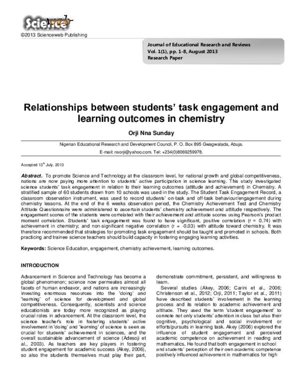 (PDF) Relationships between students’ task engagement and learning outcomes in chemistry