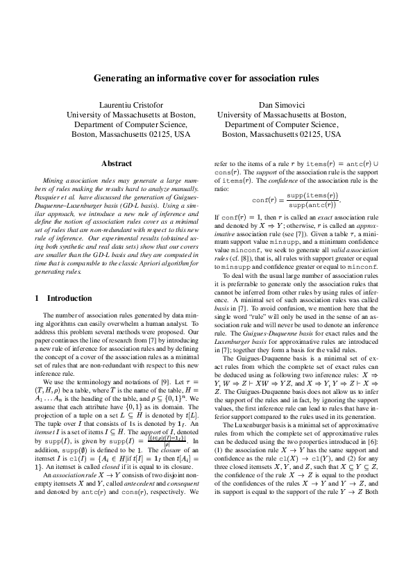 (PDF) Generating an informative cover for association rules