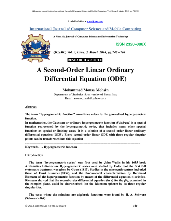 Pdf A Second Order Linear Ordinary Differential Equation Ode ﻿