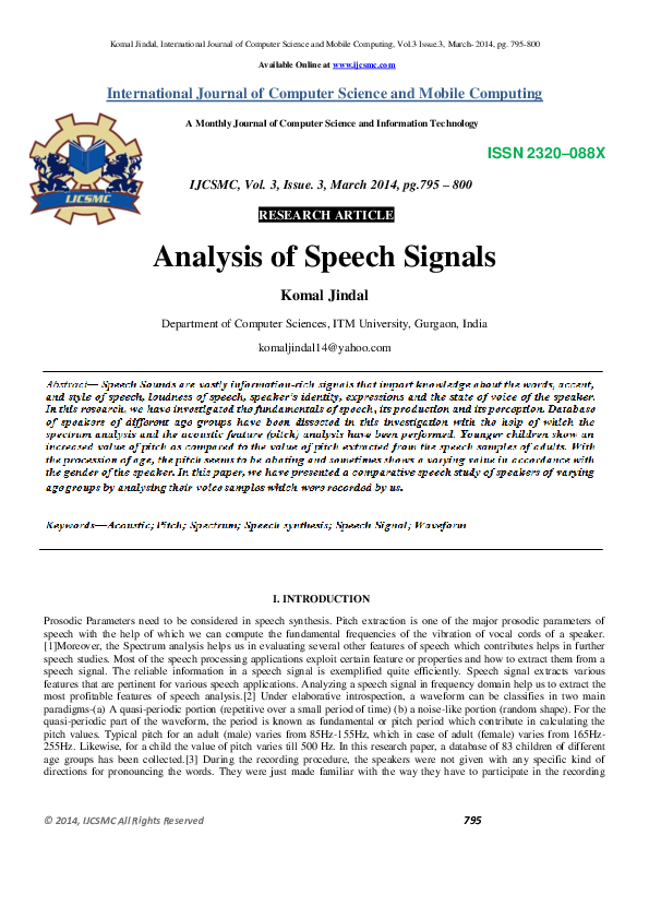 (PDF) Analysis of Speech Signals