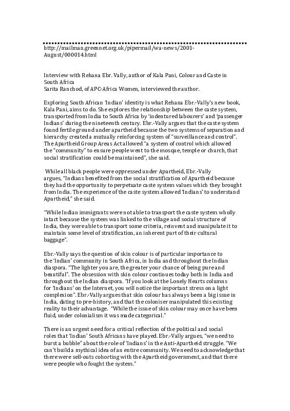 (DOC) Interview with the author of Kala Pani - Colour and caste in ...