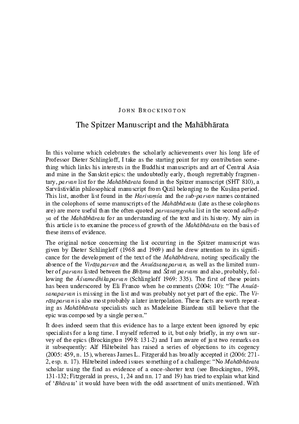 (PDF) "The Spitzer Manuscript and the Mahābhārata", in From Turfan to ...