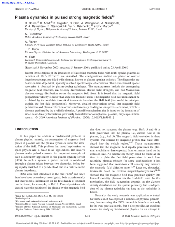 (PDF) Plasma dynamics in pulsed strong magnetic fields