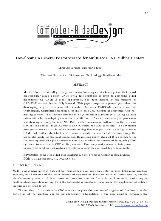 Pdf Dev Eloping A General Postprocessor For Multi Axis Cnc Milling