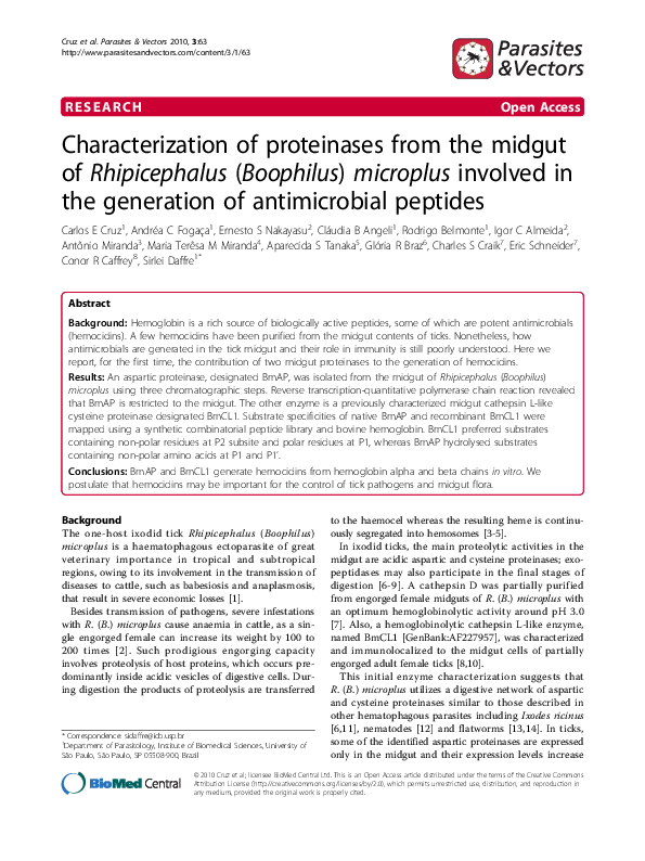 (PDF) Characterization of proteinases from the midgut of Rhipicephalus (Boophilus) microplus ...