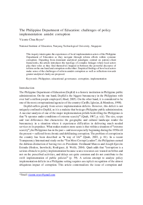 (PDF) The Philippine Department of Education: challenges of policy ...