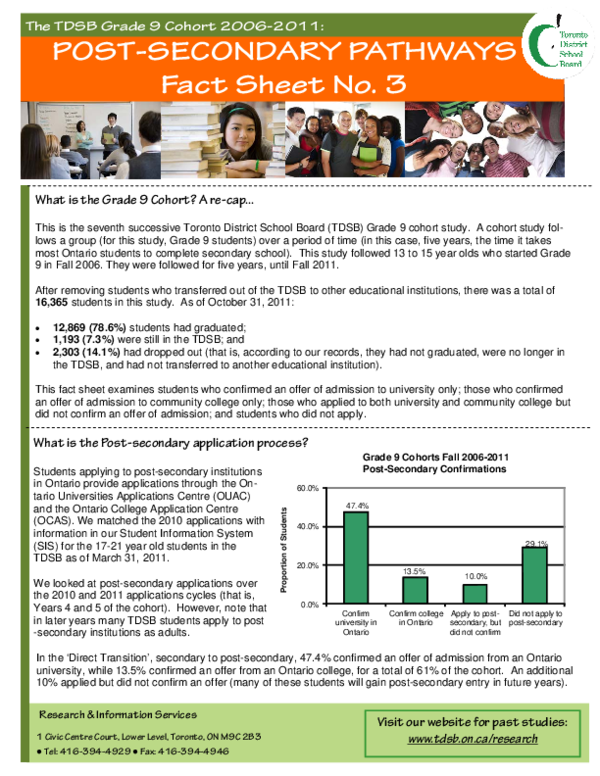 (PDF) The TDSB Grade 9 Cohort 2006-2011: POST-SECONDARY PATHWAYS Fact ...