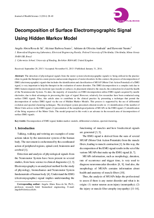 (PDF) Decomposition of Surface Electromyographic Signal using Hidden Markov Model.