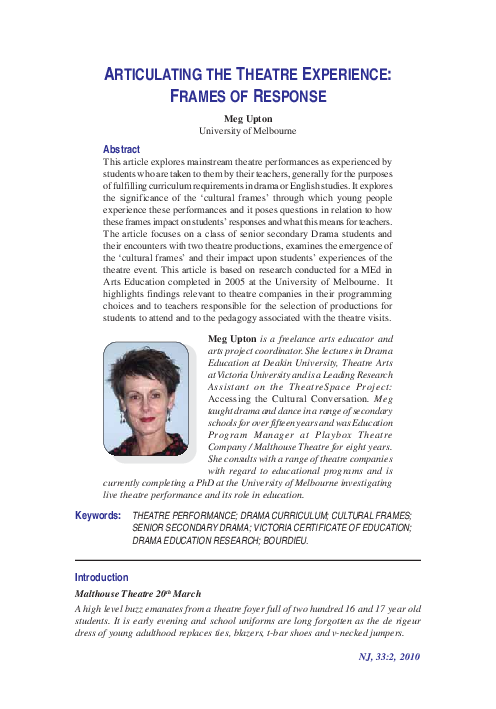 (PDF) ARTICULATING THE THEATRE EXPERIENCE: FRAMES OF RESPONSE