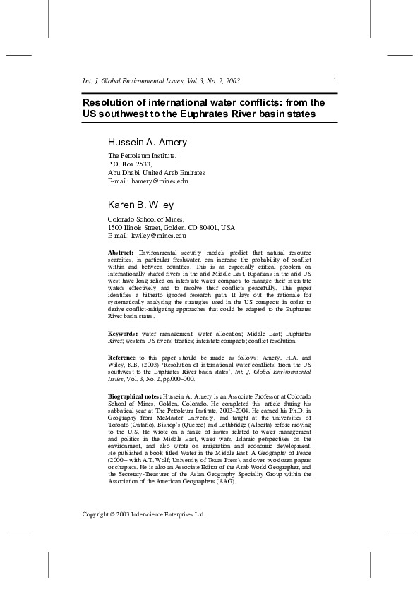 (PDF) Resolution of international water conflicts: from the US ...