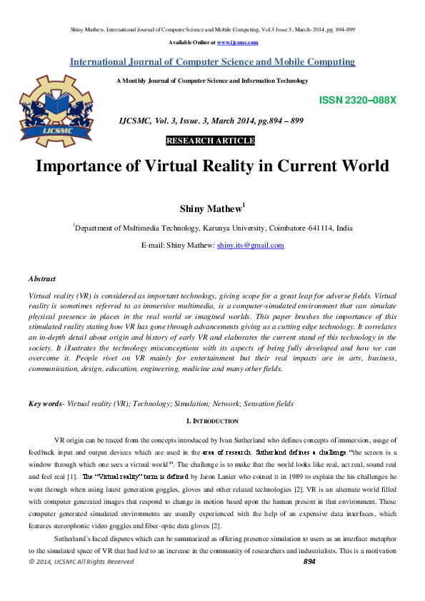 (PDF) Importance of Virtual Reality in Current World﻿