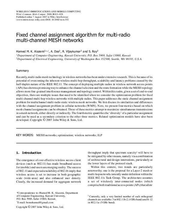 (PDF) Fixed channel assignment algorithm for multi-radio multi-channel MESH networks