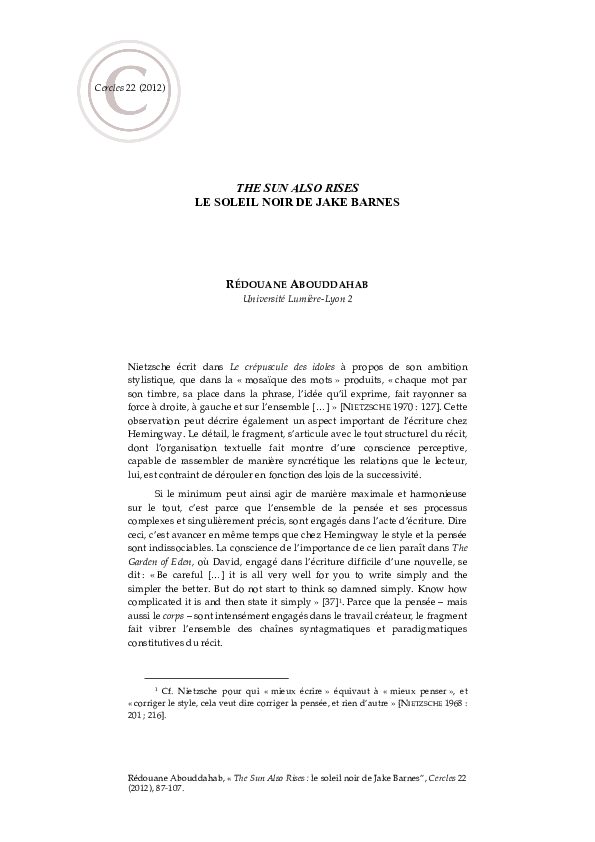 (PDF) THE SUN ALSO RISES LE SOLEIL NOIR DE JAKE BARNES RÉDOUANEABOUDDAHAB