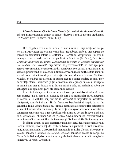 (PDF) Cincari (Aromuni) u južnom Banatu (Aromânii din Banatul de Sud)