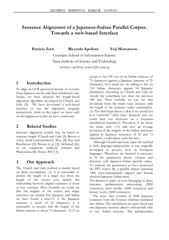 Pdf Sentence Alignment Of A Japanese Italian Parallel Corpus Towards A Web Based Interface