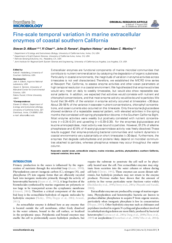 (PDF) Fine-scale temporal variation of marine extracellular enzymes of coastal southern California