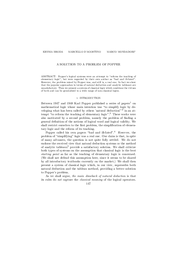 (PDF) A SOLUTION TO A PROBLEM OF POPPER | Marcello D'Agostino ...