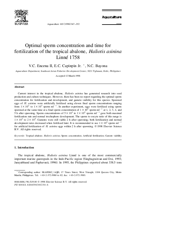 (PDF) Optimal sperm concentration and time for fertilization of the ...