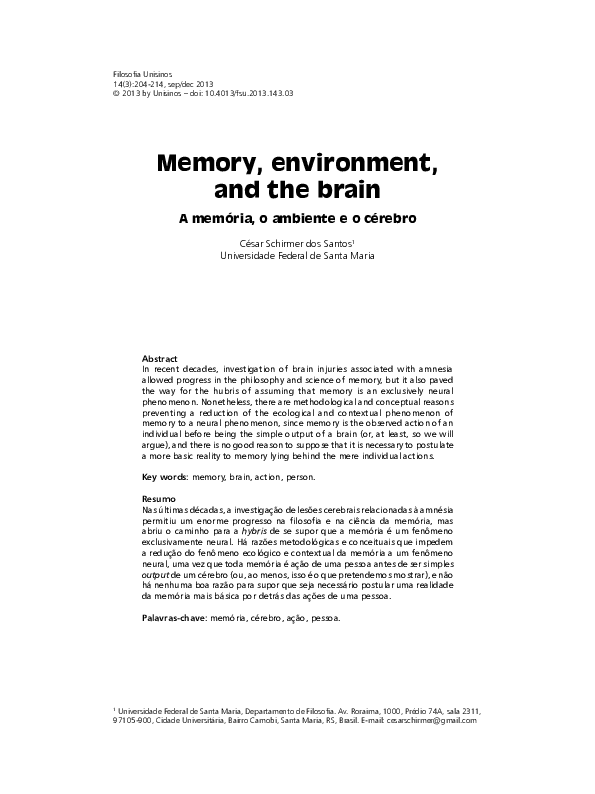 (PDF) Memory, environment, and the brain