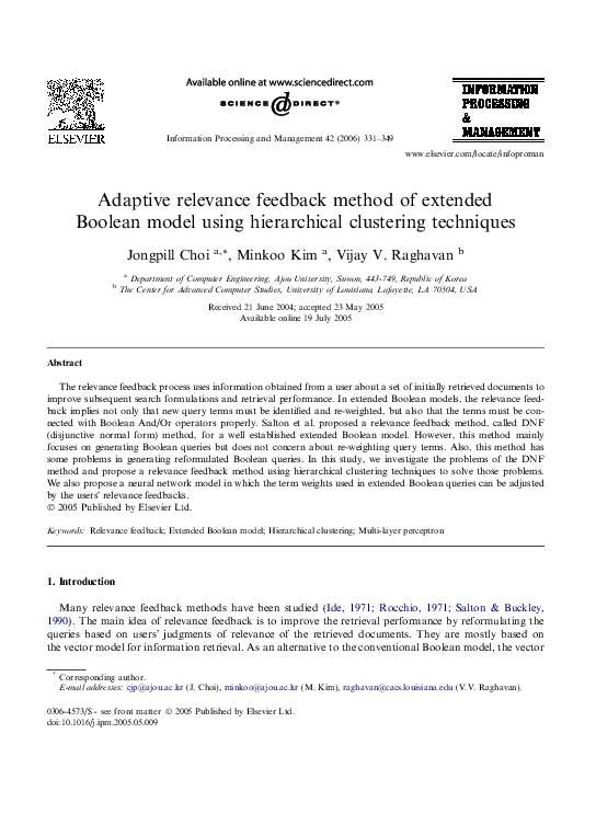Pdf Adaptive Relevance Feedback Method Of Extended Boolean Model Using Hierarchical Clustering